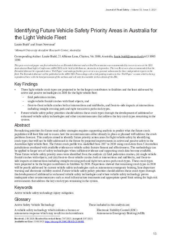(PDF) Identifying Future Vehicle Safety Priority Areas in Australia for ...