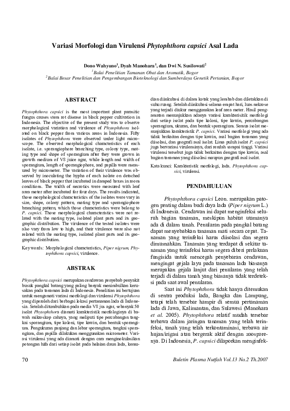 (PDF) Variasi Morfologi dan Virulensi Phytophthora capsici Asal Lada