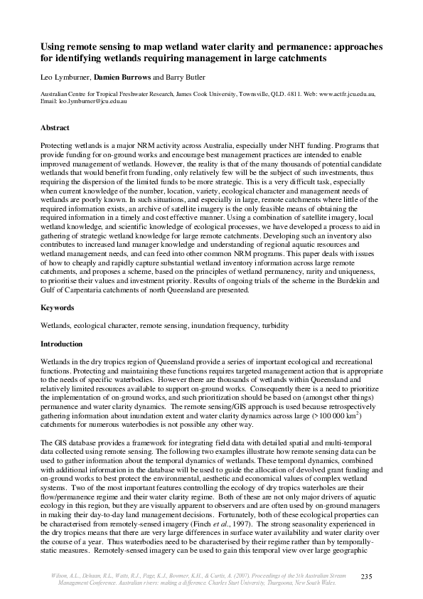 (PDF) Using remote sensing to map wetland water clarity and permanence: approaches for ...