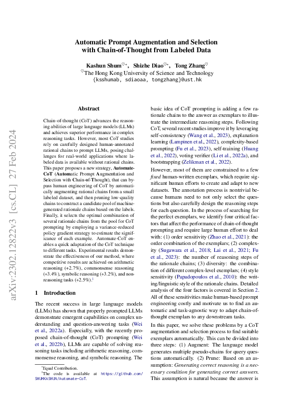 (PDF) Automatic Prompt Augmentation and Selection with Chain-of-Thought from Labeled Data