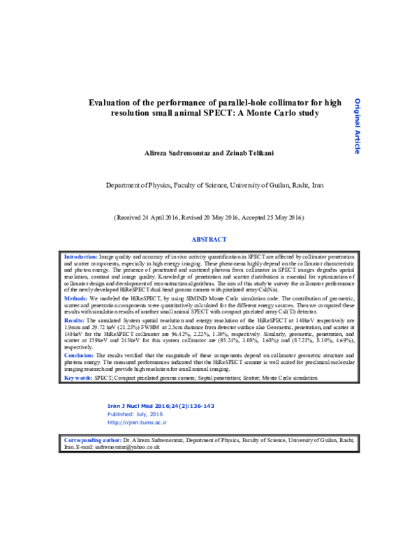(PDF) Evaluation of the performance of parallel-hole collimator for high resolution small animal ...