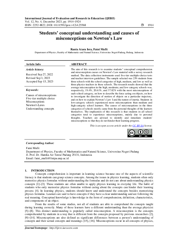 (PDF) Students’ conceptual understanding and causes of misconceptions on Newton’s Law