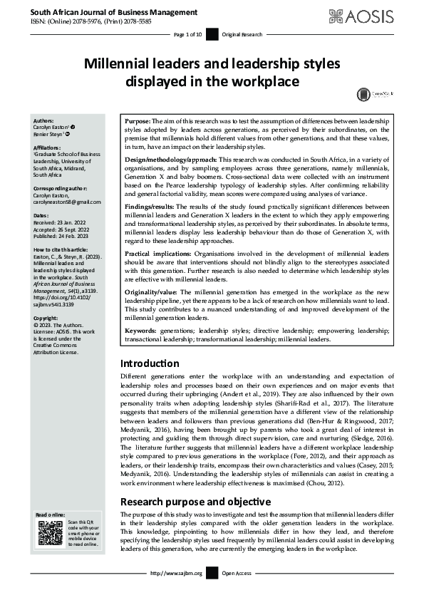 (PDF) Millennial leaders and leadership styles displayed in the workplace