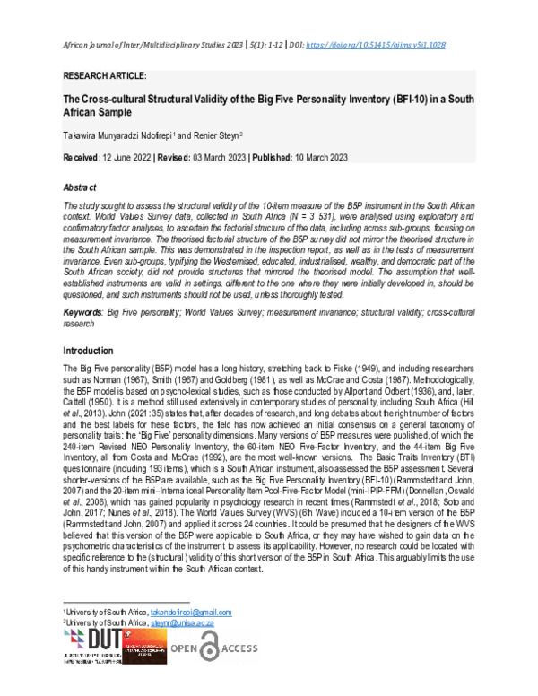 (PDF) The Cross-cultural Structural Validity of the Big Five Personality Inventory (BFI-10) in a ...