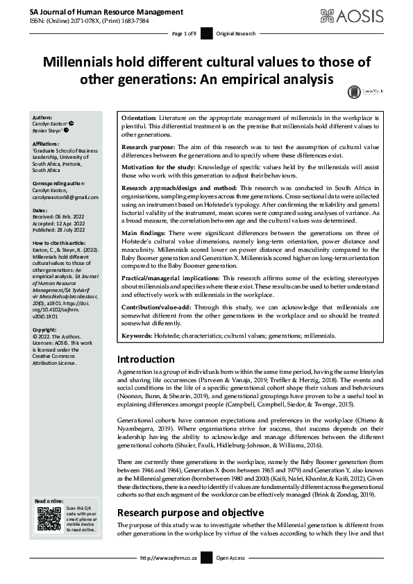 (PDF) Millennials hold different cultural values to those of other ...