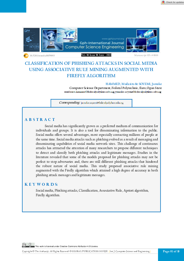 Classification of Phishing Attacks in Social Media Using Associative Rule Mining Augmented with ...