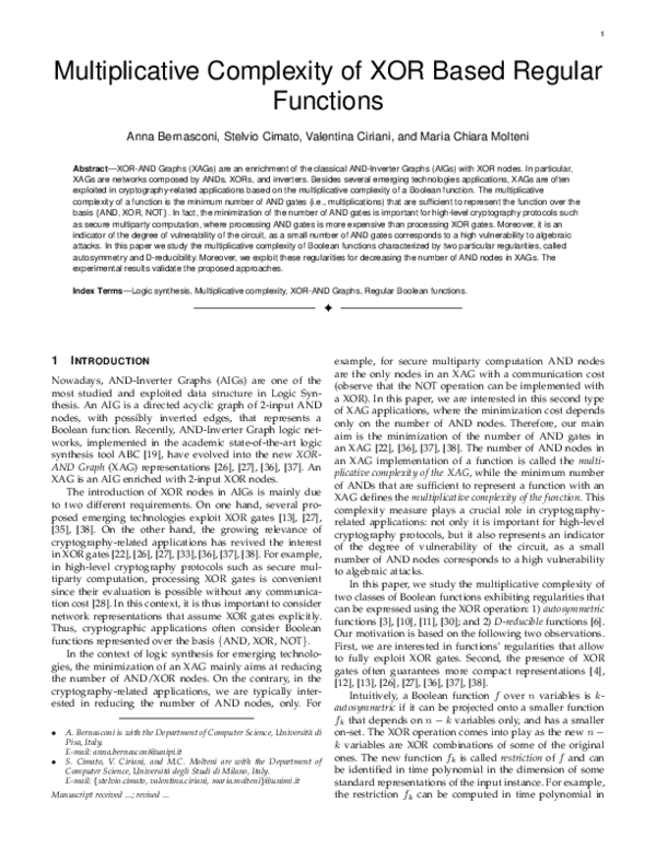 (PDF) Multiplicative Complexity of XOR Based Regular Functions