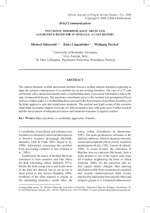 (PDF) Psychotic disorder, khat abuse and aggressive behavior in Somalia ...