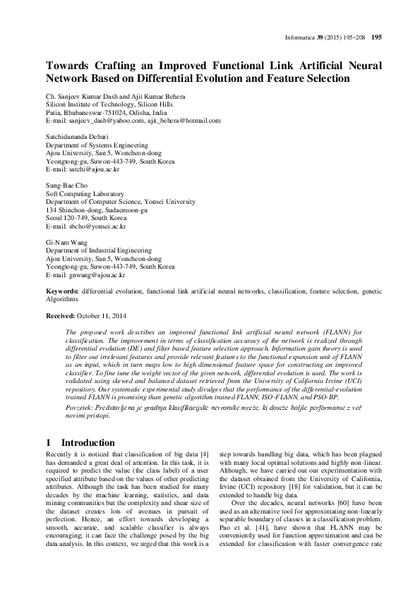 (PDF) Towards crafting an improved functional link artificial neural network based on ...