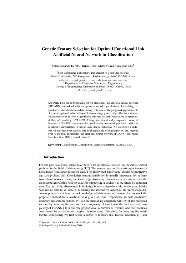 (PDF) Genetic Feature Selection for Optimal Functional Link Artificial ...