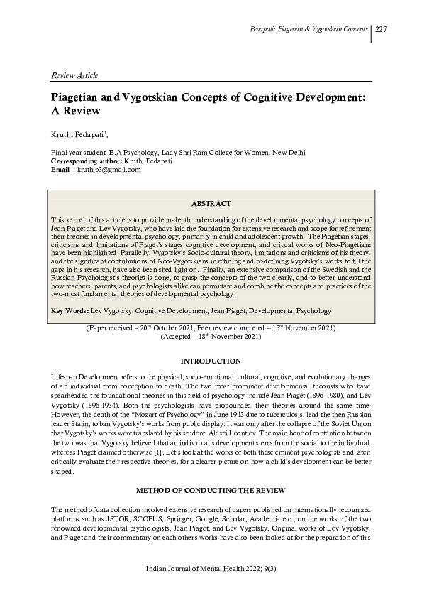 (PDF) Piagetian and Vygotskian Concepts of Cognitive Development: A Review