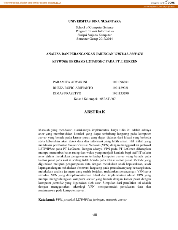 Analisa Dan Perancangan Jaringan Virtual Private Network Berbasis L2TP ...