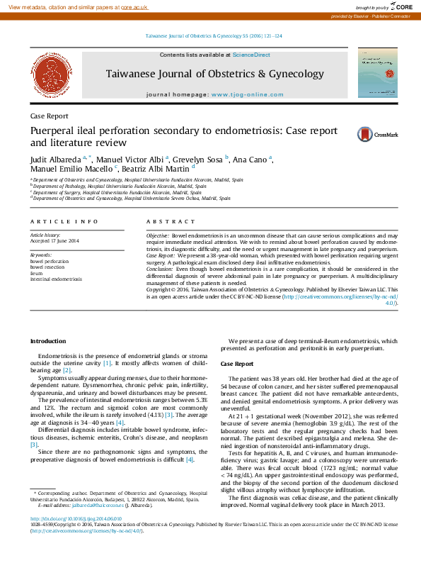 Pdf Puerperal Ileal Perforation Secondary To Endometriosis Case Report And Literature Review