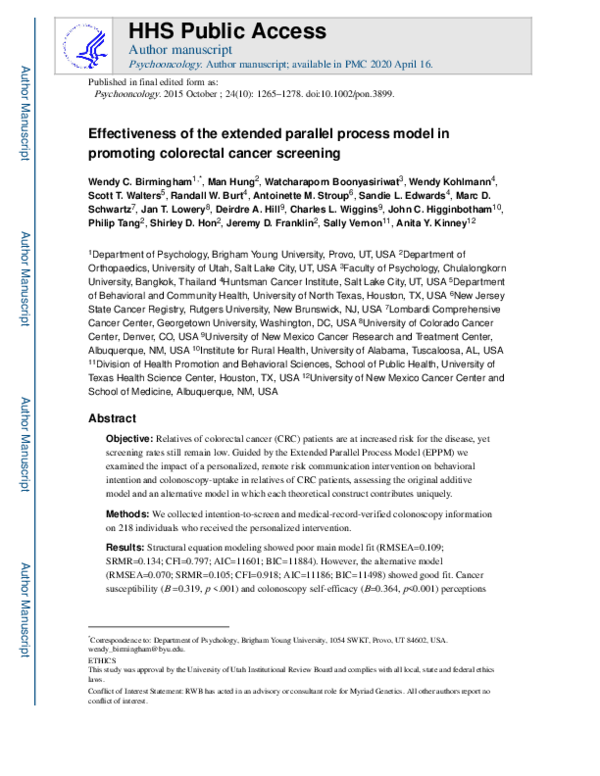 (PDF) Effectiveness of the extended parallel process model in promoting ...