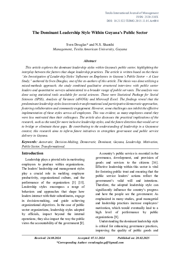 (PDF) The Dominant Leadership Style Within Guyana’s Public Sector