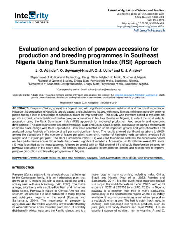 (PDF) Evaluation and selection of pawpaw accessions for production and breeding programmes in ...