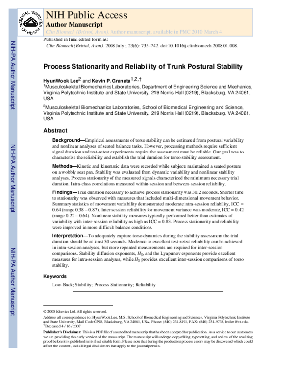 (PDF) Process stationarity and reliability of trunk postural stability