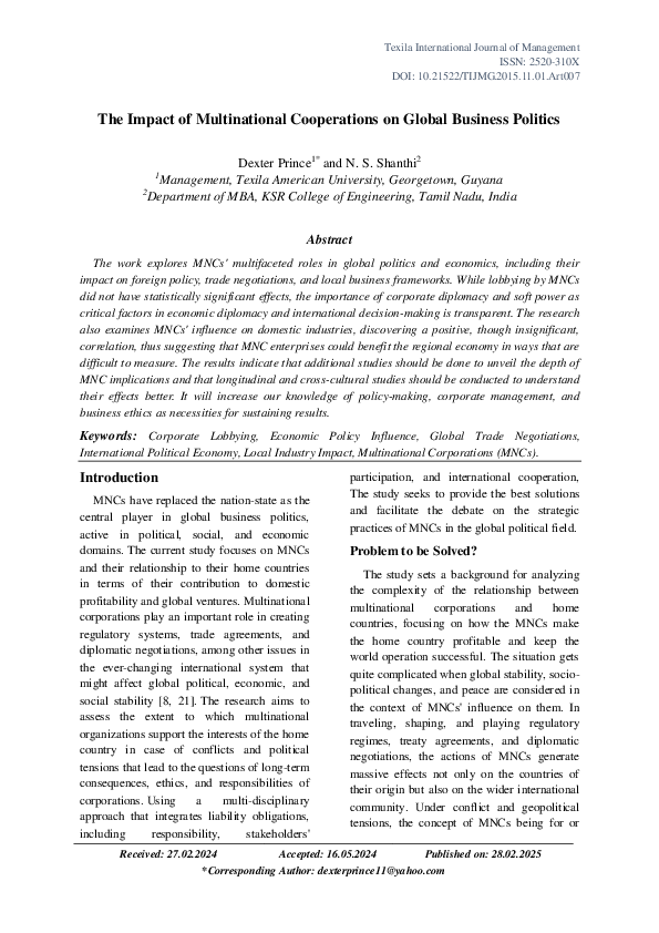 (PDF) The Impact of Multinational Cooperations on Global Business Politics
