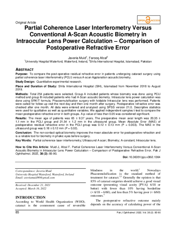 Pdf Partial Coherence Laser Interferometry Versus Conventional A Scan Acoustic Biometry In