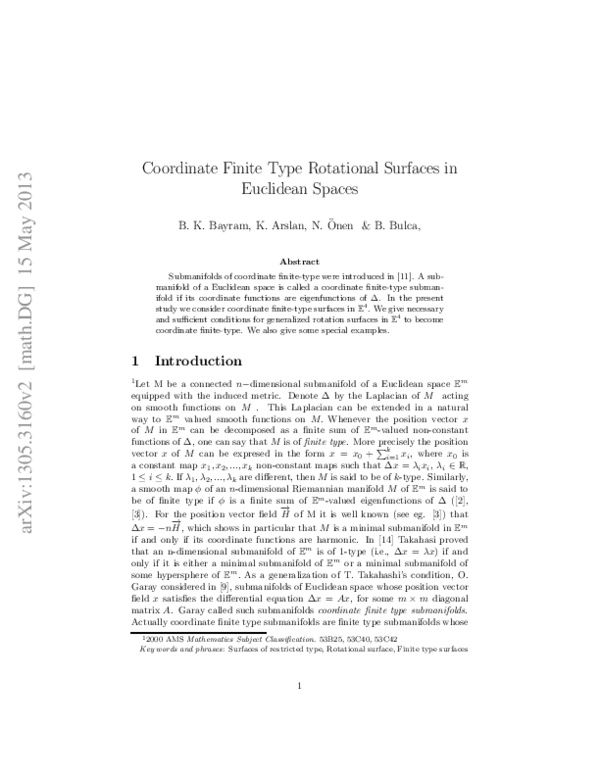 (PDF) Coordinate finite type rotational surfaces in Euclidean spaces