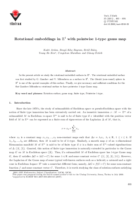 (PDF) Rotational embeddings in E^4 with pointwise 1-type gauss map