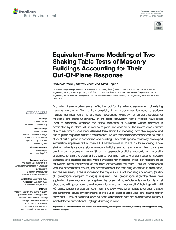 Equivalent-Frame Modeling of Two Shaking Table Tests of Masonry ...