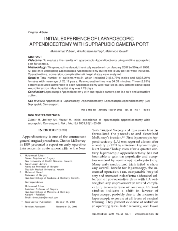 (PDF) Initial Experience of Laparoscopic Appendicectomy with Suprapubic ...
