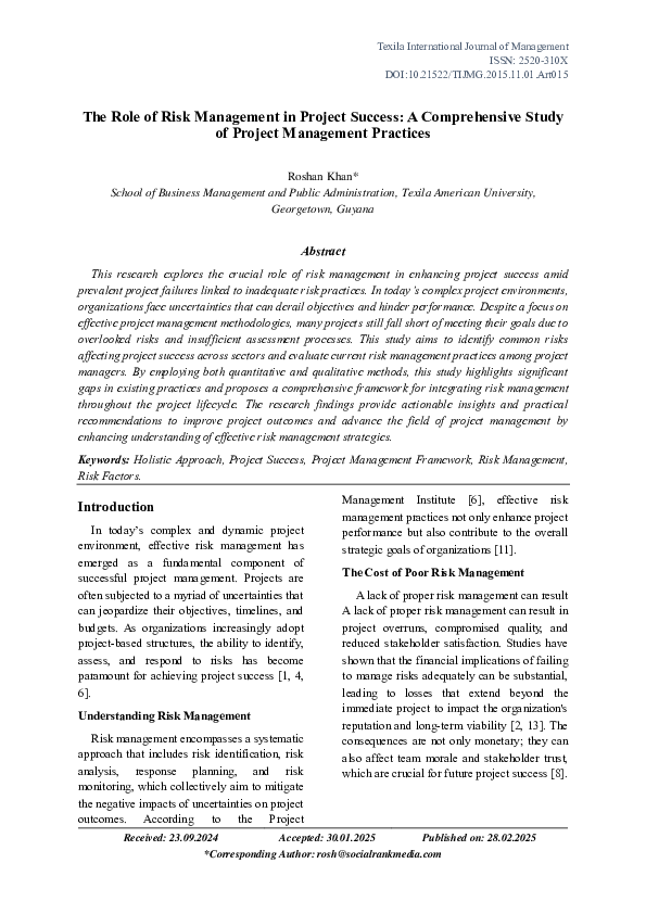 (PDF) The Role of Risk Management in Project Success: A Comprehensive ...