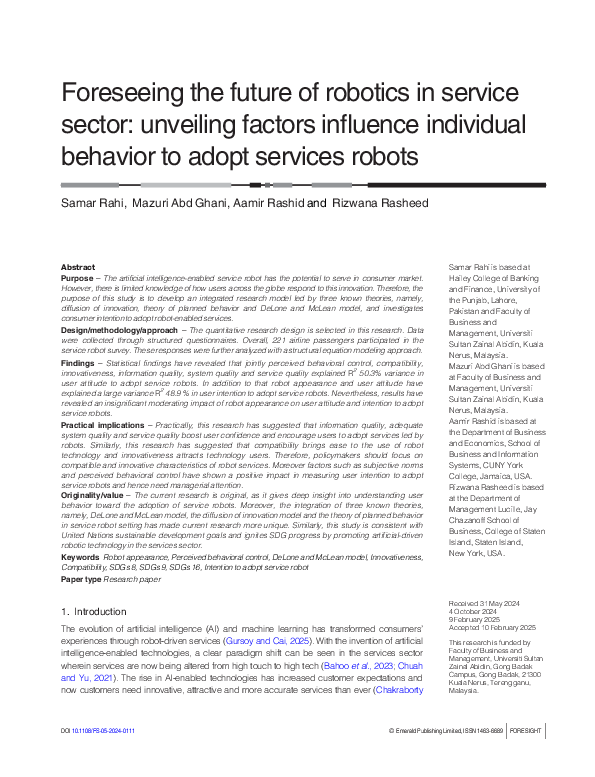 (PDF) Foreseeing the future of robotics in service sector: unveiling factors influence ...