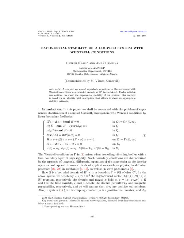 (PDF) Exponential stability of a coupled system with Wentzell conditions