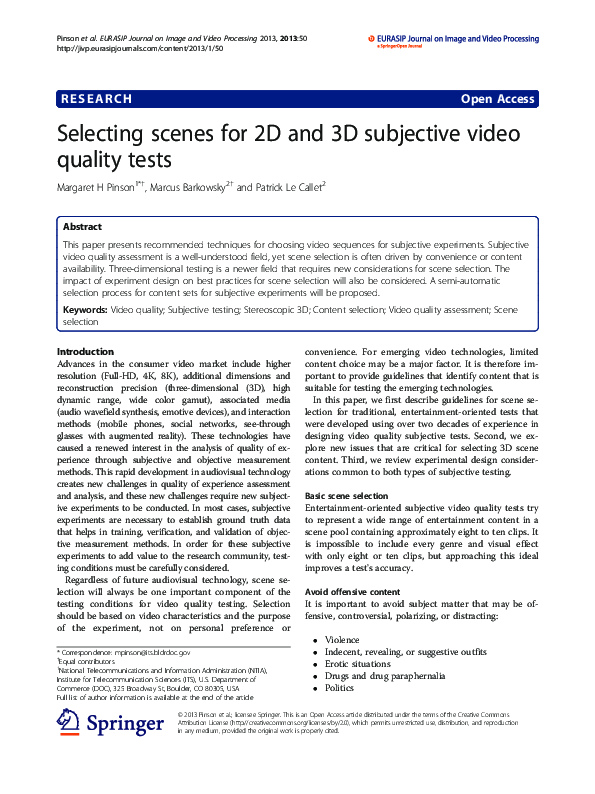 (PDF) Selecting scenes for 2D and 3D subjective video quality tests