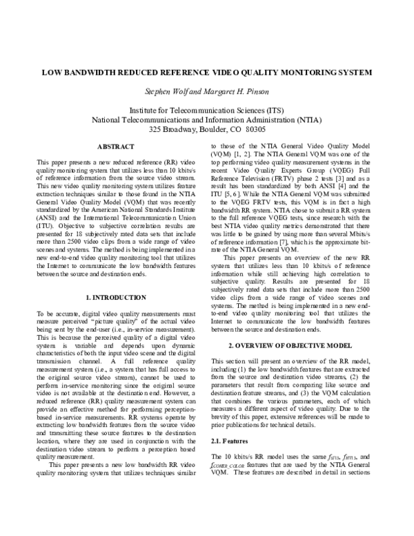 (PDF) Low bandwidth reduced reference video quality monitoring system