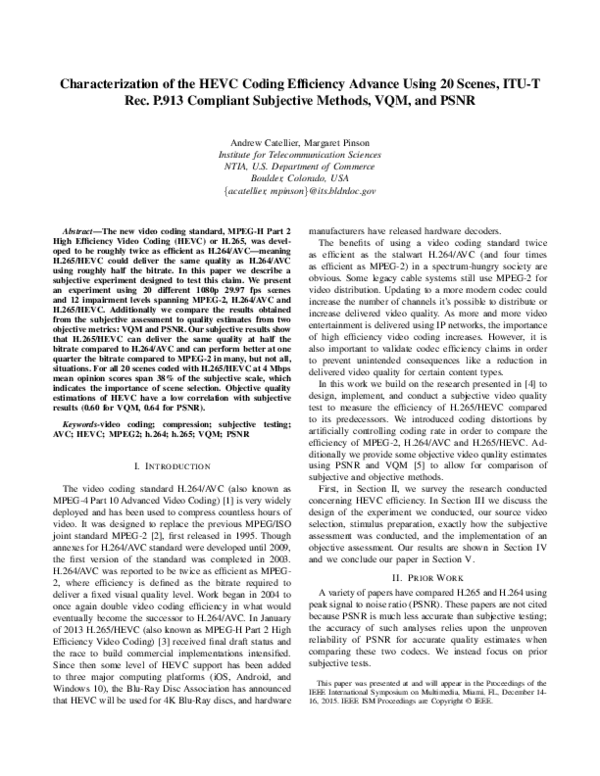 (PDF) Characterization of the HEVC Coding Efficiency Advance Using 20 ...