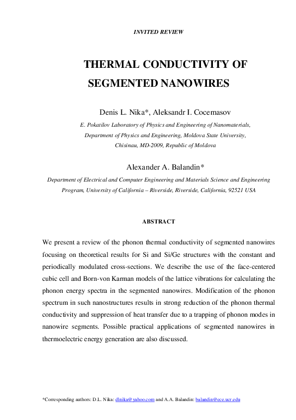 (PDF) Thermal Conductivity of Segmented Nanowires