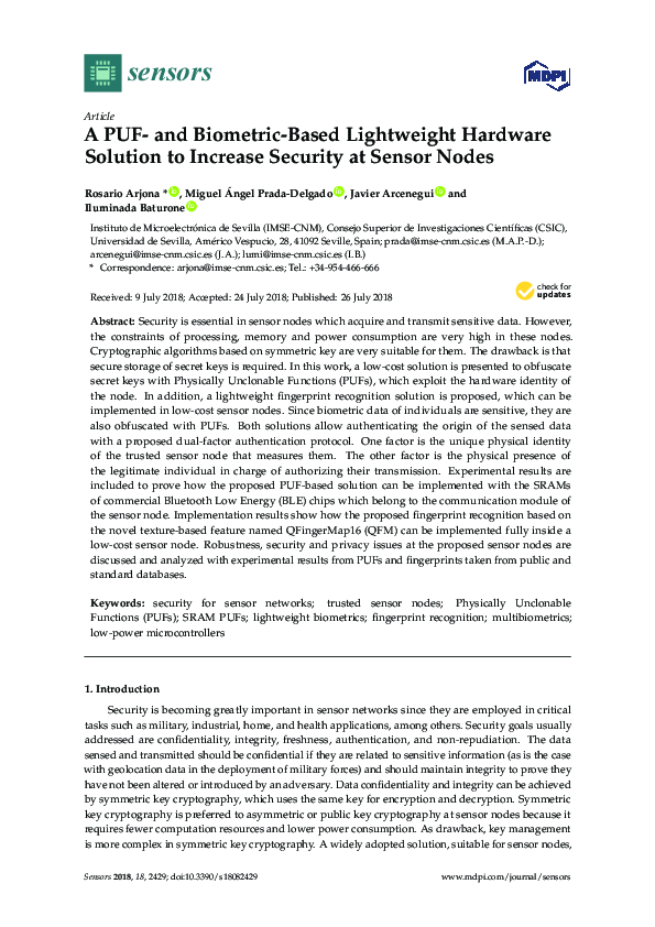 (PDF) A PUF- and Biometric-Based Lightweight Hardware Solution to Increase Security at Sensor Nodes