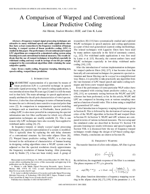 (PDF) A comparison of warped and conventional linear predictive coding