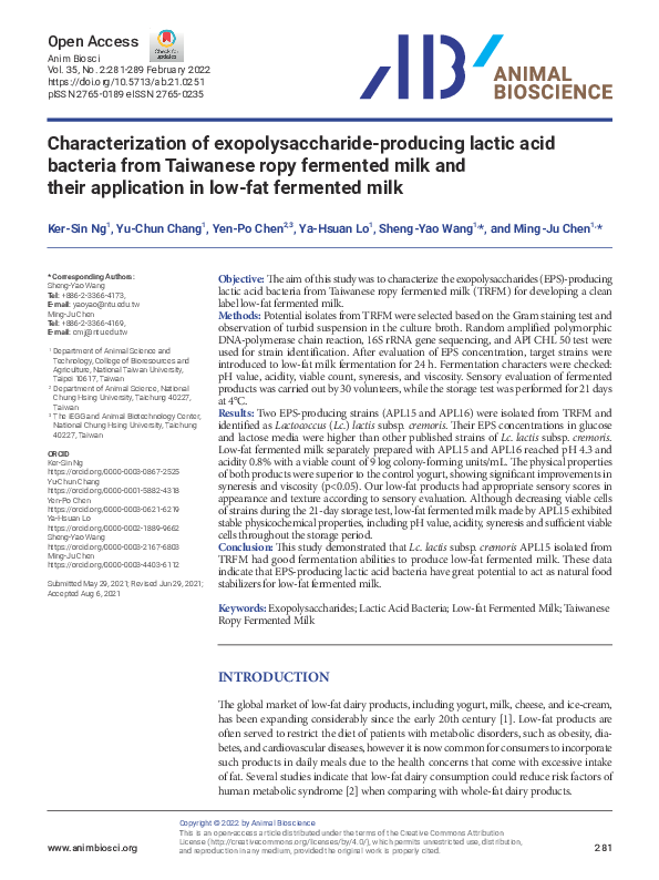 (PDF) Characterization of exopolysaccharide-producing lactic acid bacteria from Taiwanese ropy ...