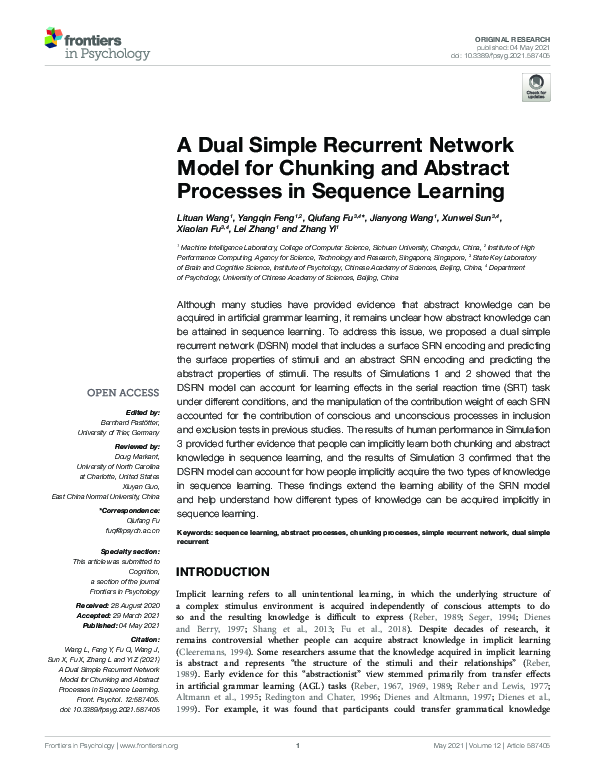 (PDF) A Dual Simple Recurrent Network Model for Chunking and Abstract Processes in Sequence Learning