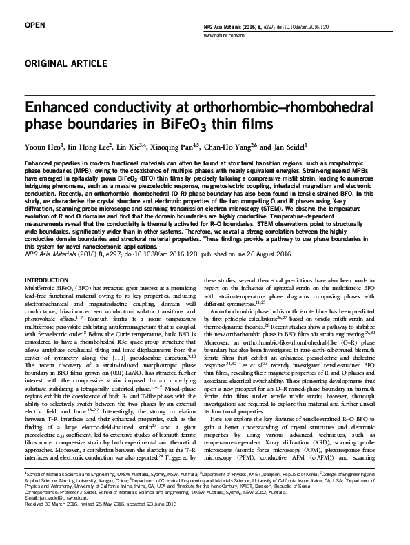 (PDF) Enhanced conductivity at orthorhombic–rhombohedral phase boundaries in BiFeO3 thin films