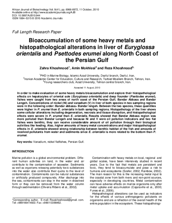 (PDF) Bioaccumulation of some heavy metals and histopathological ...