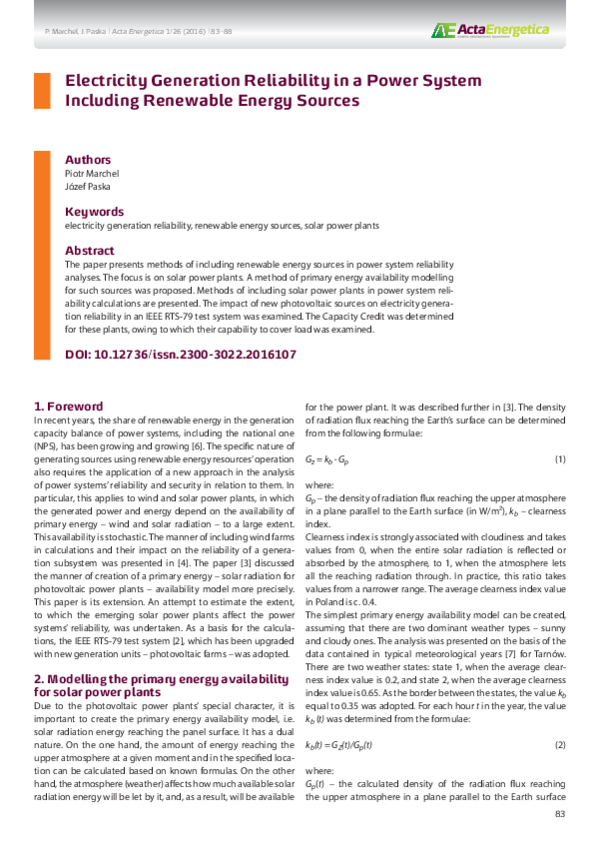 (PDF) Electricity Generation Reliability in a Power System Including ...