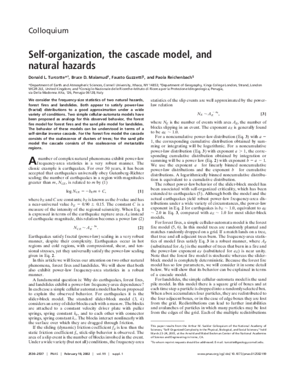 (PDF) Self-organization, the cascade model, and natural hazards