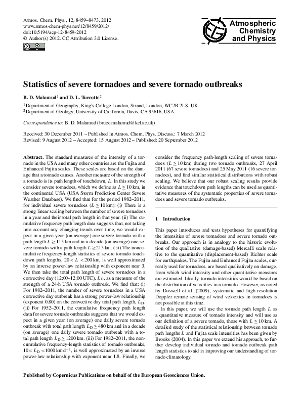 (PDF) Statistics of severe tornadoes and severe tornado outbreaks