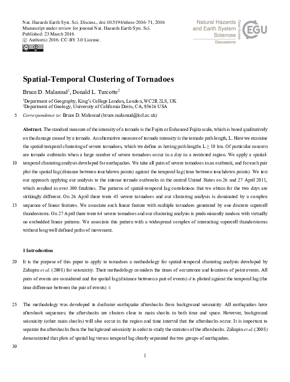 (PDF) Spatial-Temporal Clustering of Tornadoes