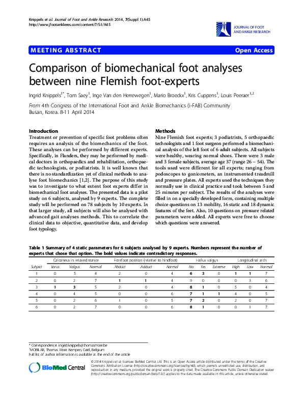 (PDF) Comparison of biomechanical foot analyses between nine Flemish ...