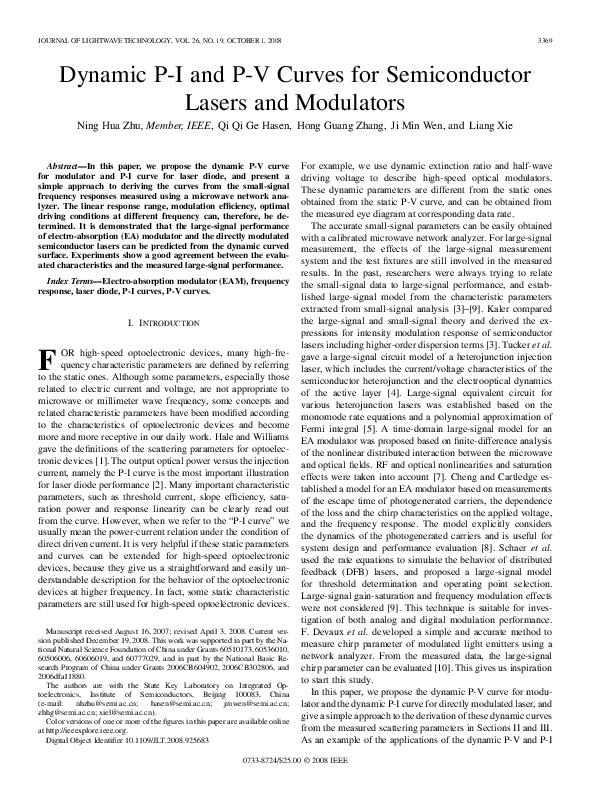(PDF) Dynamic P-I and P-V Curves for Semiconductor Lasers and Modulators