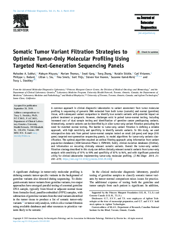 Pdf Somatic Tumor Variant Filtration Strategies To Optimize Tumor Only Molecular Profiling