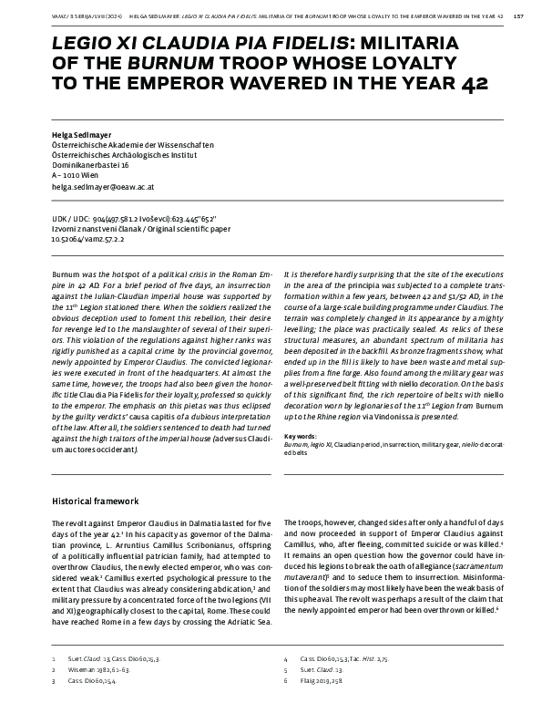 (PDF) H. Sedlmayer, Legio XI Claudia Pia Fidelis: Militaria of the ...
