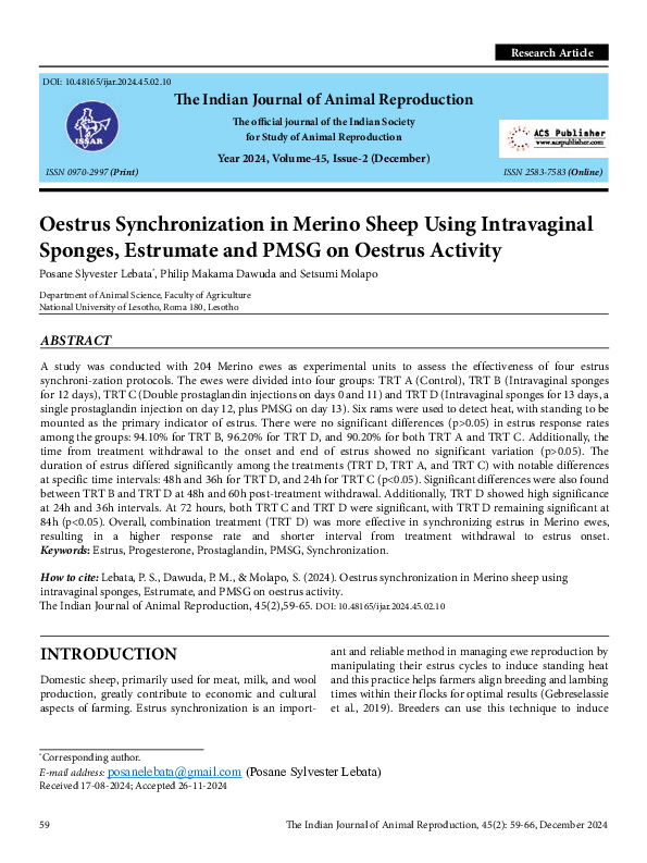 Pdf Oestrus Synchronization In Merino Sheep Using Intravaginal Sponges Estrumate And Pmsg On