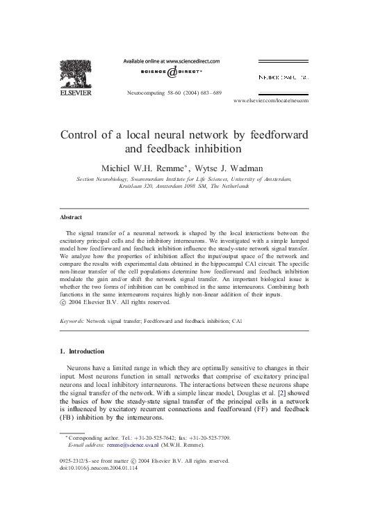 (PDF) Control of a local neural network by feedforward and feedback ...
